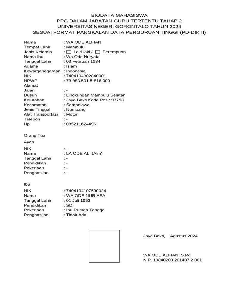 Biodata Mahasiswa | PDF