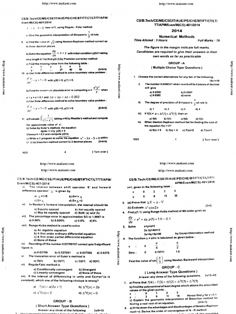 Btech Cse 4 Sem Numerical Methods 2014 | PDF