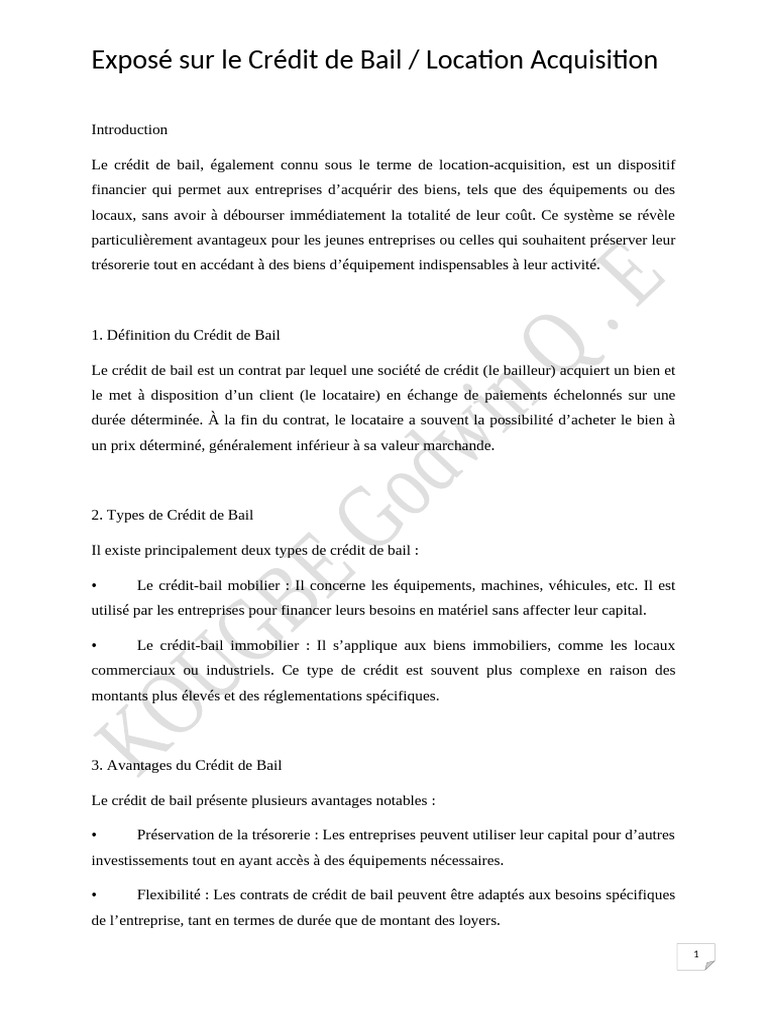 Avantages et Inconvénients du Crédit-Bail | PDF | Crédit | Finance et ...