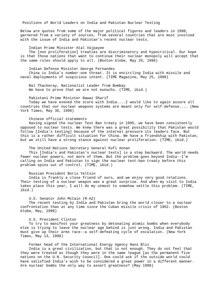 Positions of World Leaders | PDF | Nuclear Weapons | Nuclear Proliferation