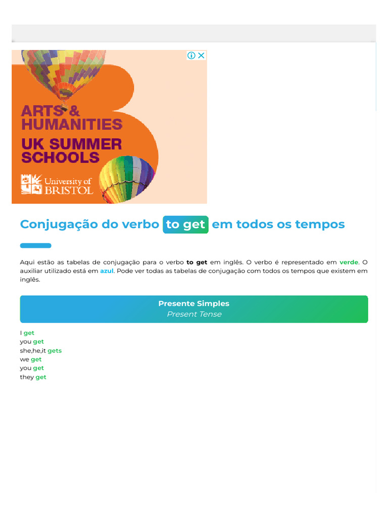 Conjugação to get - Conjugação de verbos em inglês | PDF