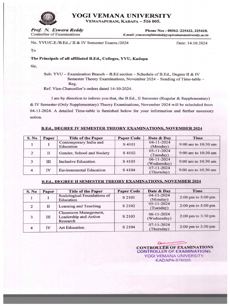 B Ed II IV Sem Exam Time Table Nov 2024 | PDF