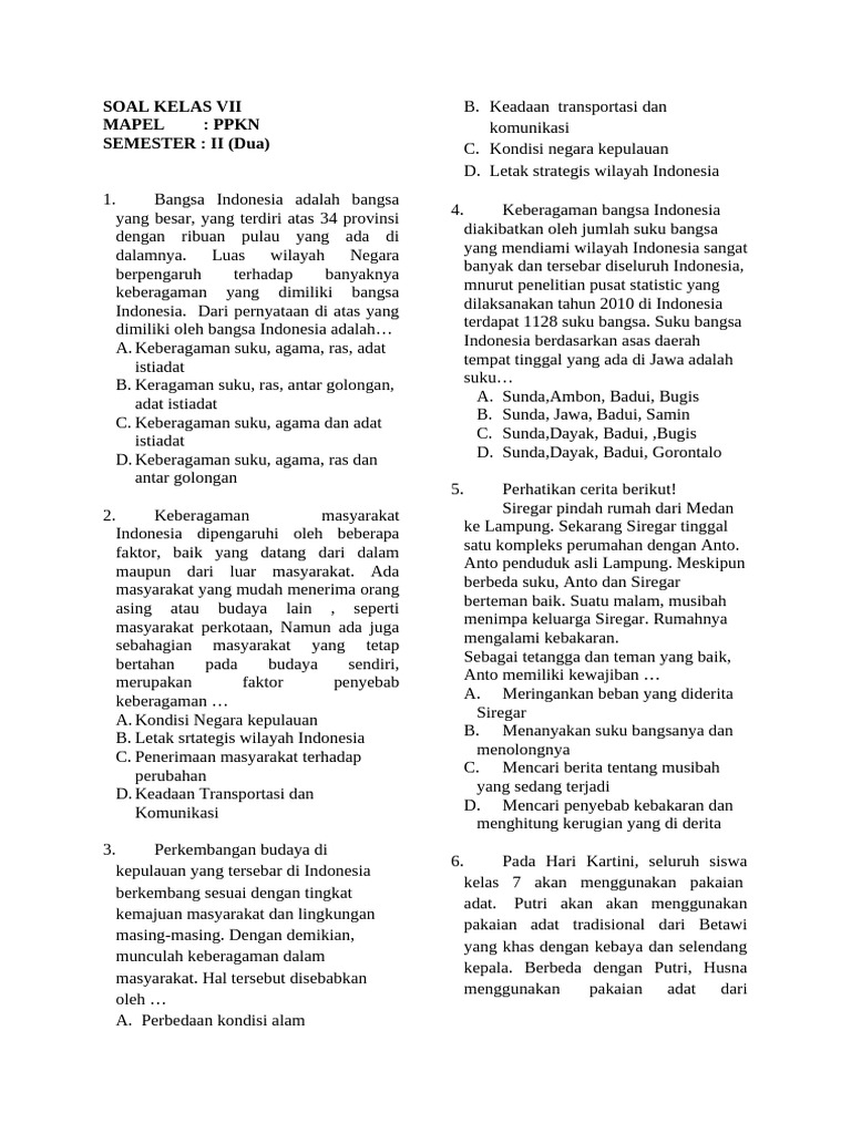 SOAL KELAS VII PPKN SM2 | PDF