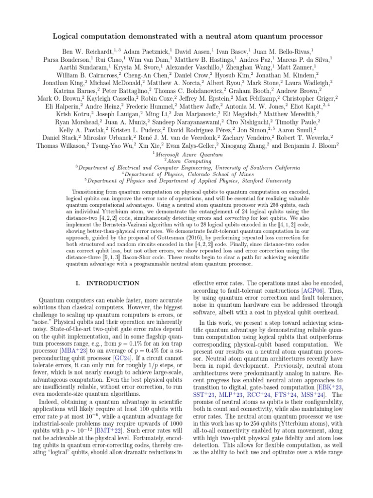 Logical Computation Demonstrated With A Neutral Atom Quantum Processor | PDF | Quantum Computing ...