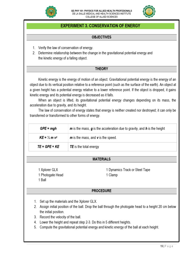 Energy Conservation Experiment Overview | PDF | Potential Energy | Mass