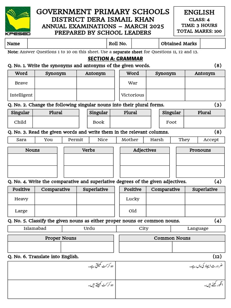 Class 4 Annual Exam Papers 2025 | PDF | Grammatical Number | Noun