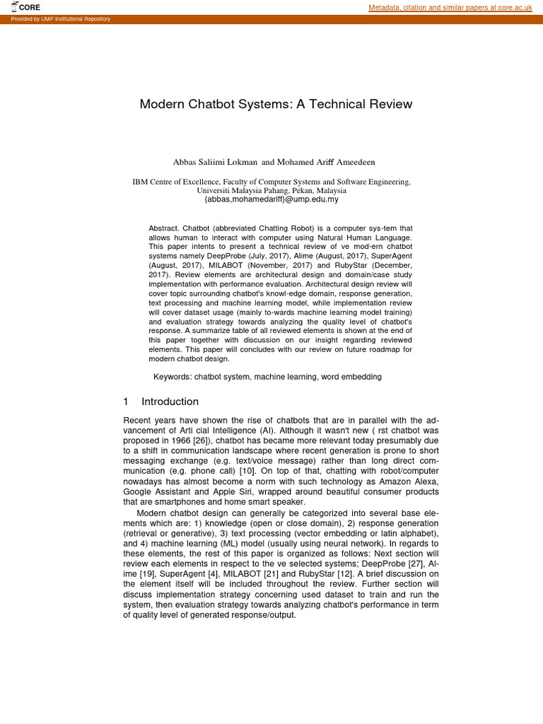 Technical Review of Modern Chatbots | PDF