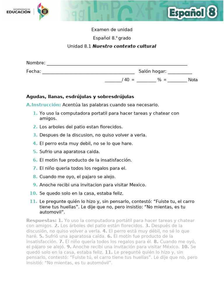 ESPANOL 8.U1 EXAMENDEUNIDAD | PDF | Lingüística