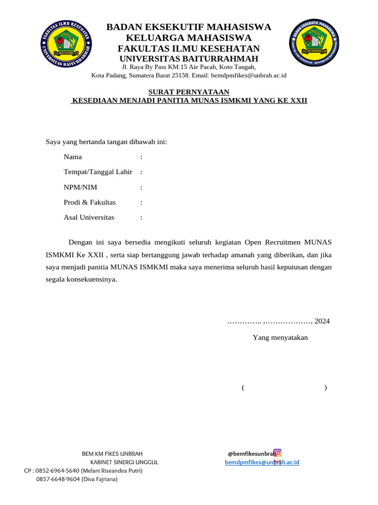 Surat Pernyataan Panitia MUNAS ISMKMI | PDF