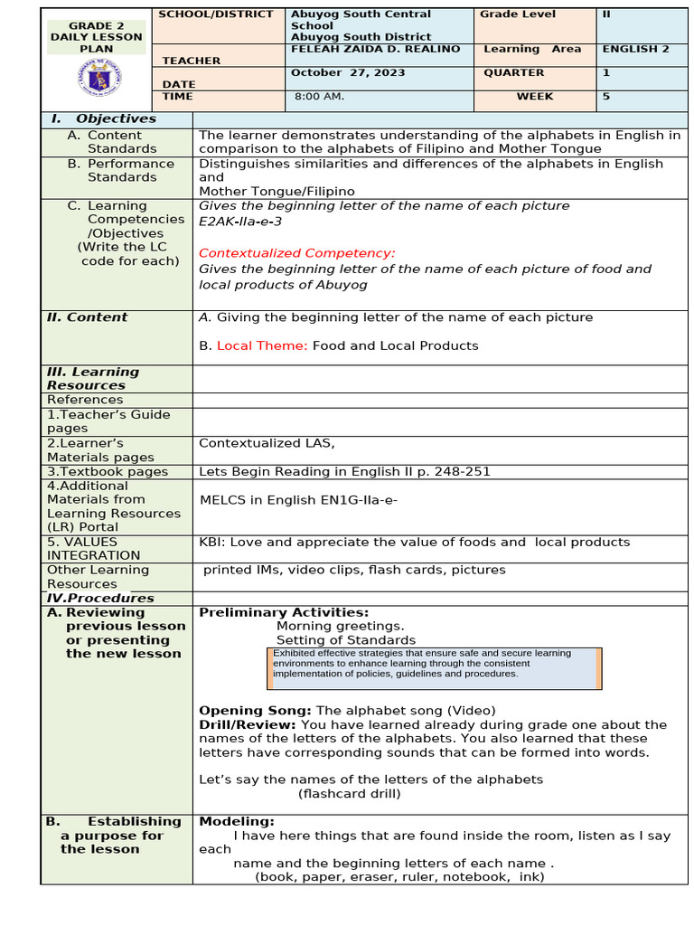 Demo DLP - CO - Q1 Week 6 - 2023-2024 | PDF | Learning | Consonant