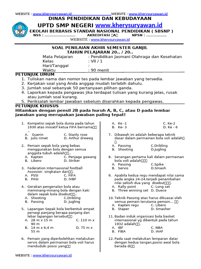 SOAL PAS PJOK KLS 7 - versi 1 | PDF