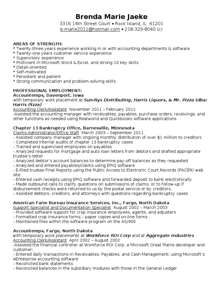 Brenda Jaeke Resume | PDF | Bankruptcy | Bookkeeping