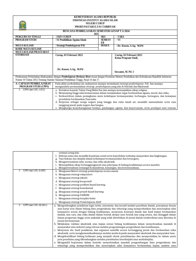 RPS_Strategi Pembelajaran PAI _ PAI SI | PDF