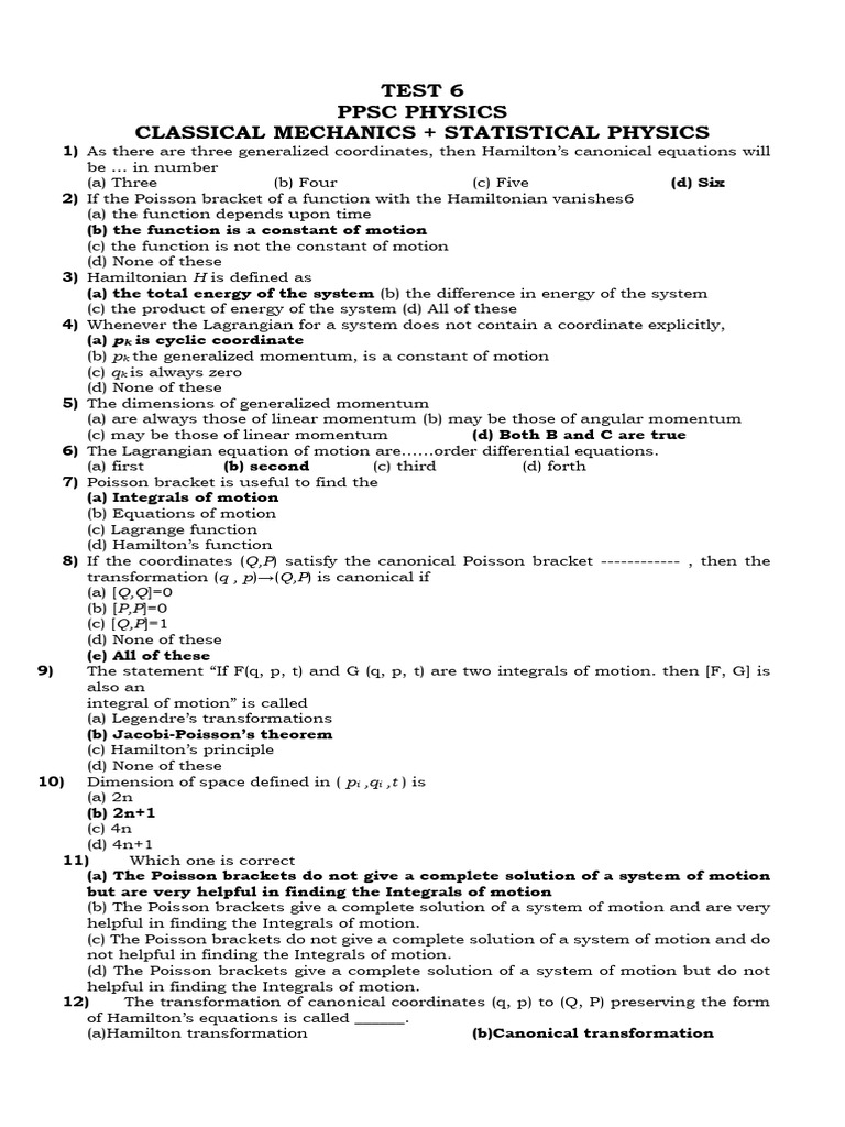 Test 6 (Teacher Copy) | PDF | Hamiltonian Mechanics | Lagrangian Mechanics
