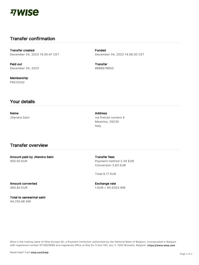 Wise Transaction Invoice Transfer 888578650 2077099334 en | PDF | Euro ...