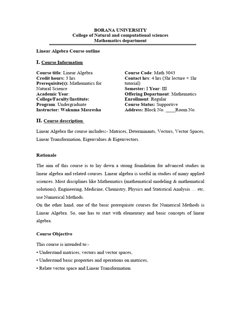 Linear Algebra (math3043)Course outline | PDF | Linear Map | Matrix (Mathematics)