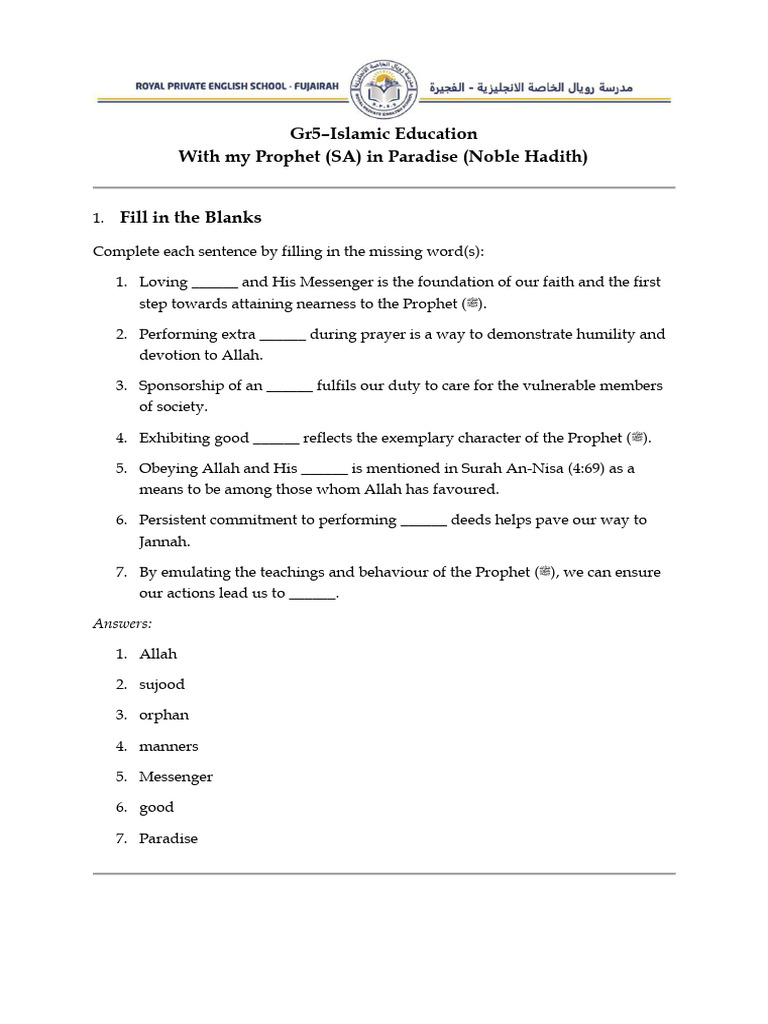 Gr5 Islamic Education: Prophet's Teachings | PDF | Prophets And ...