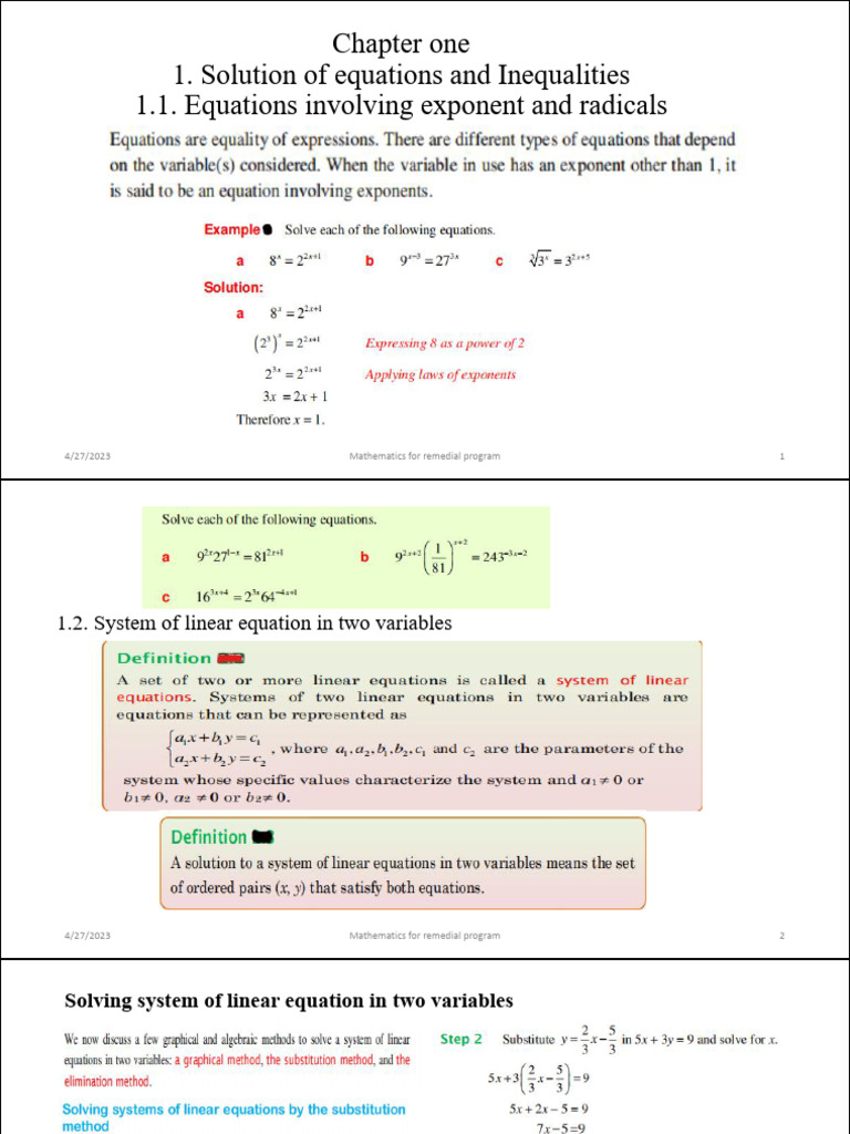 Remedial Mathematics Chapter 1 and 2 | PDF | Equations | Quadratic Equation