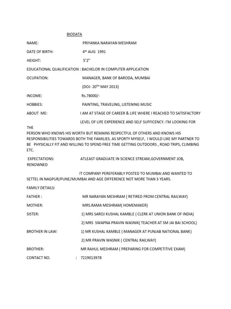 Priyanka Biodata Final - Dox | PDF