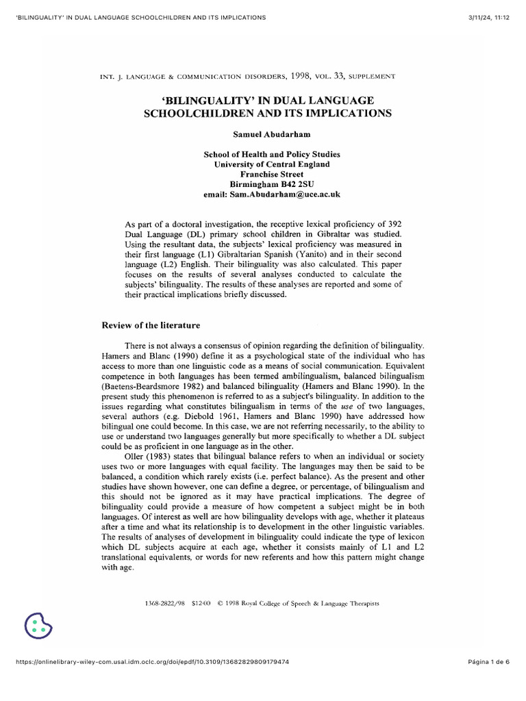 Bilinguality' in Dual Language Schoolchildren and Its Implications | PDF