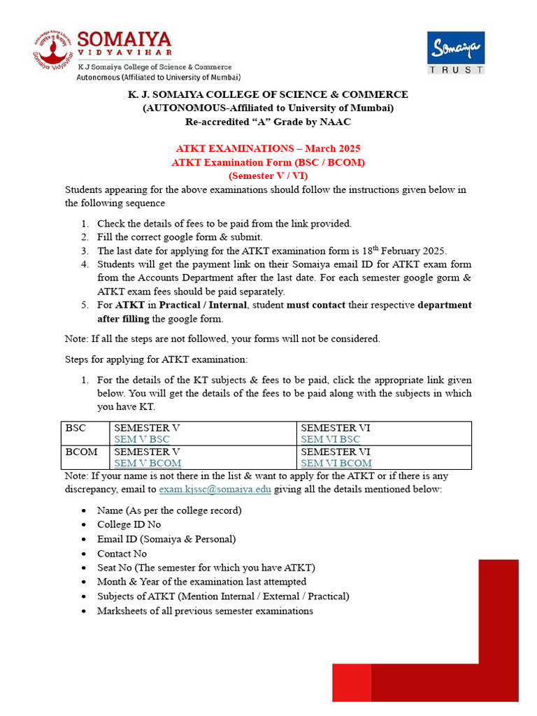 ATKT EXAM Form Notice - BSC & BCOM Sem 5 & 6 ATKT | PDF ...