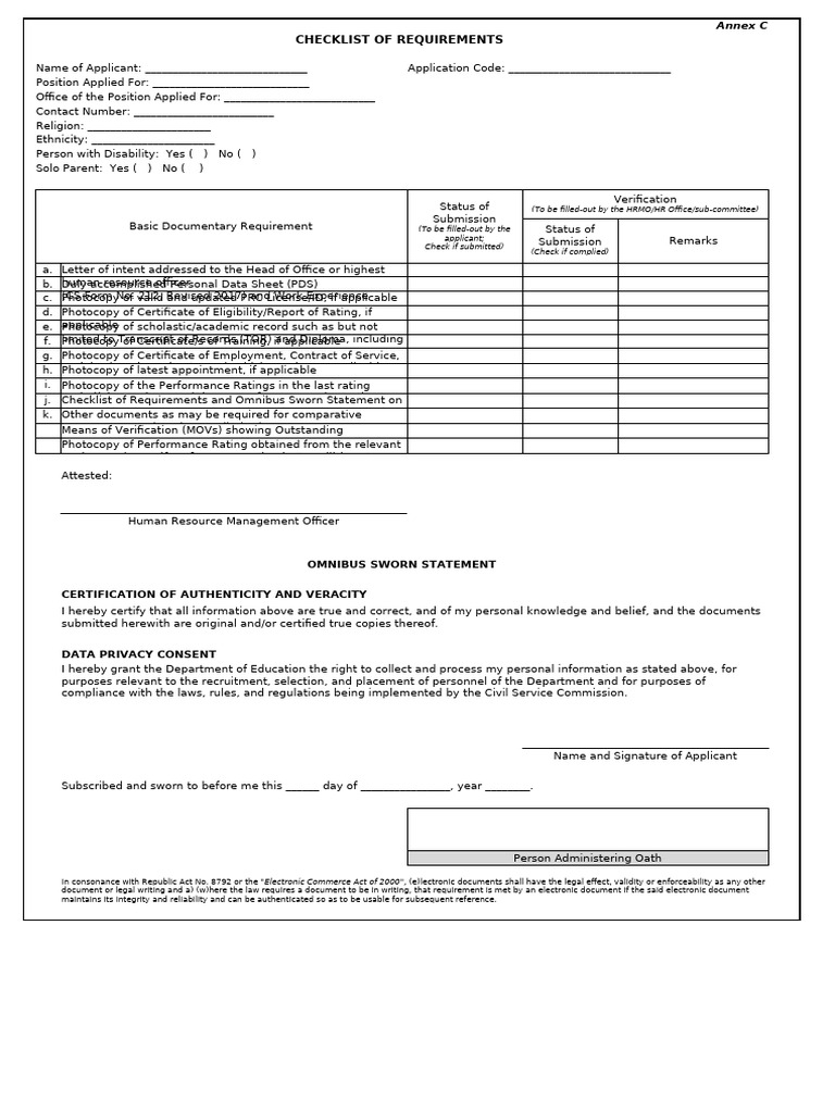 Annex C Checklist of Requirements and Omnibus Sworn Statement | PDF