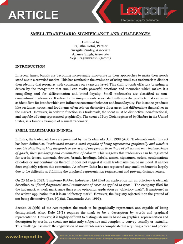 Article I SMELL TRADEMARK SIGNIFICANCE AND CHALLENGES | PDF | Odor ...