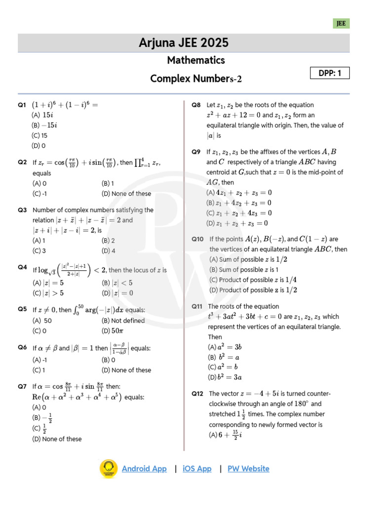 Complex Numbers - 2 - DPP 01 (Of Lec 02) - Arjuna JEE 2025 | PDF | Euclid | Geometric Shapes