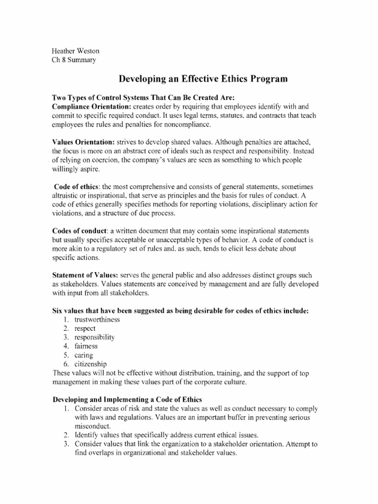 Chapter 8 - Developing An Effective Ethics Program (Guide) | PDF ...