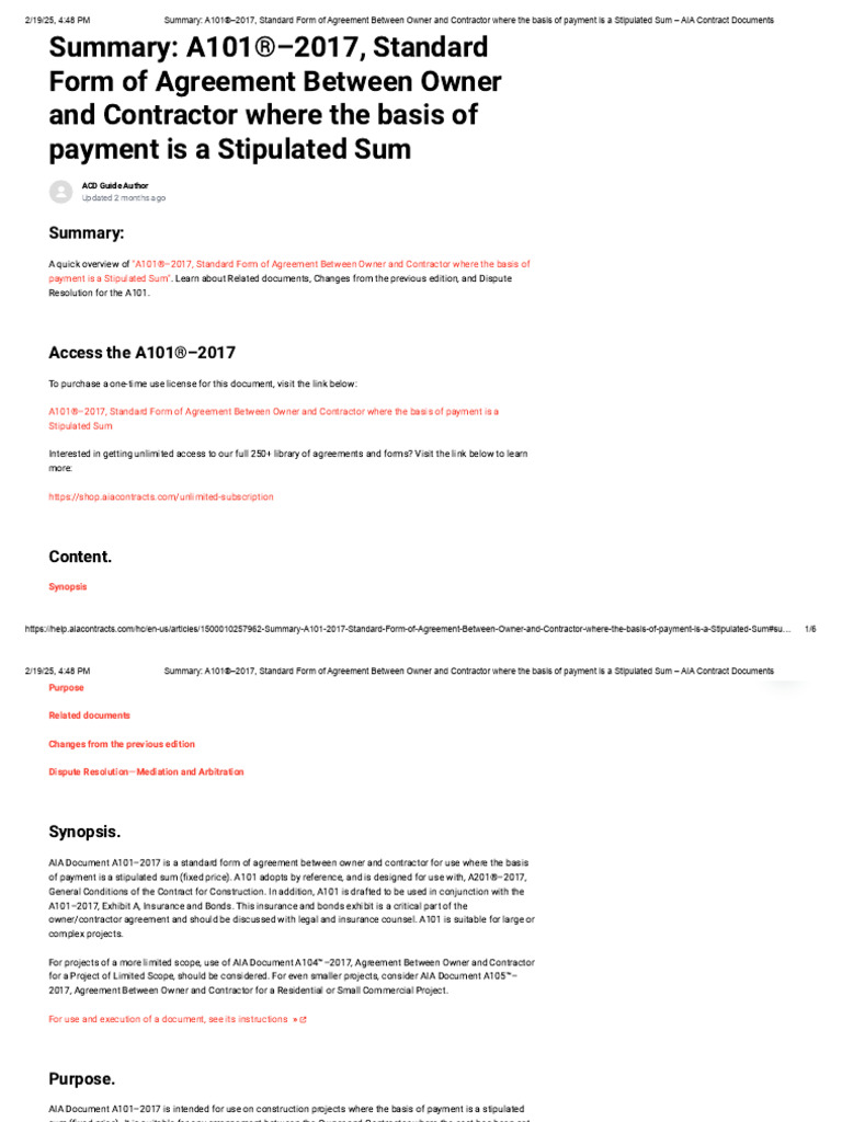Summary - A101®-2017, Standard Form of Agreement Between Owner and Contractor Where The Basis of ...