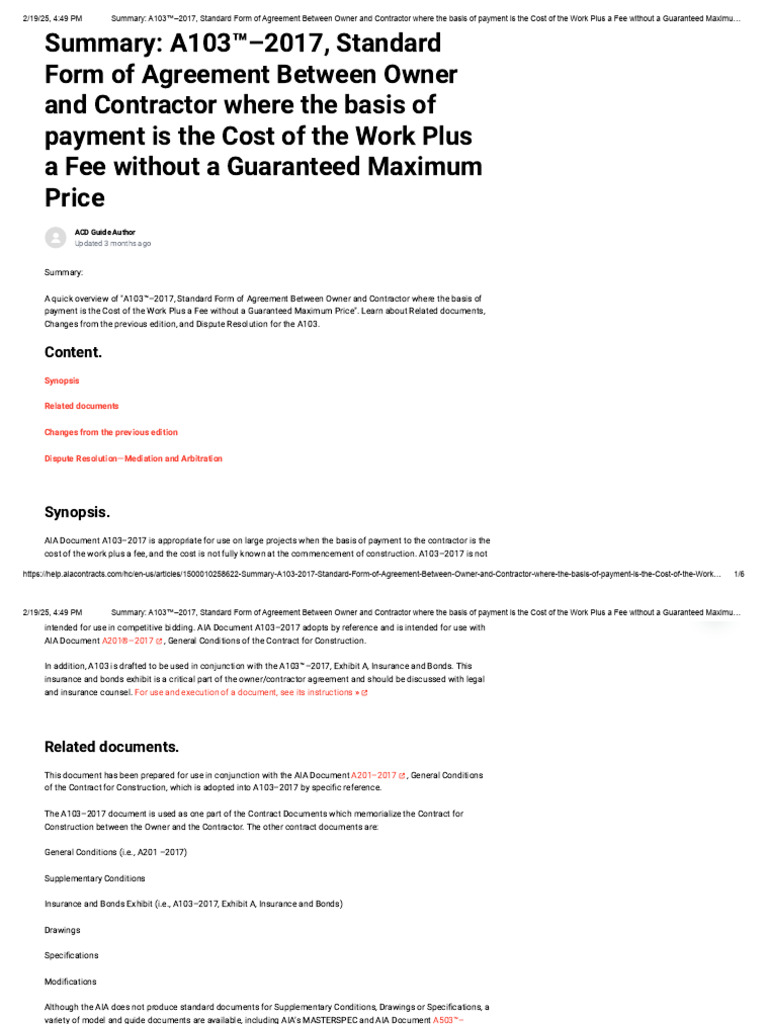 Summary_ A103™–2017, Standard Form of Agreement Between Owner and Contractor where the basis of ...