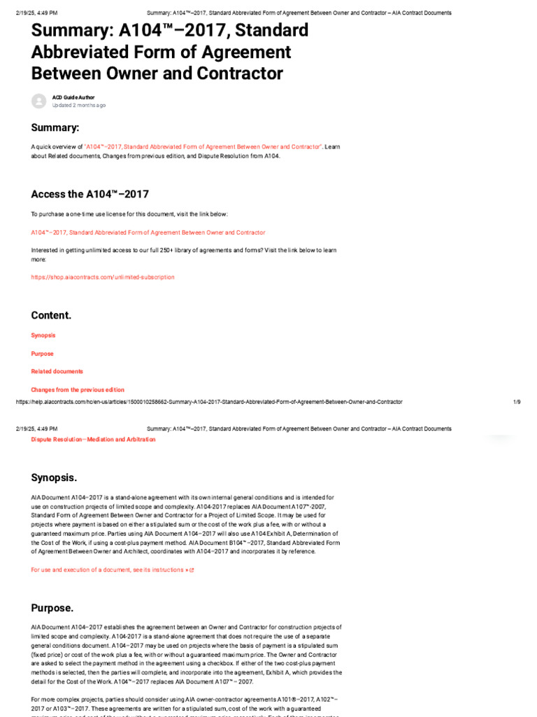 Summary - A104™-2017, Standard Abbreviated Form of Agreement Between ...