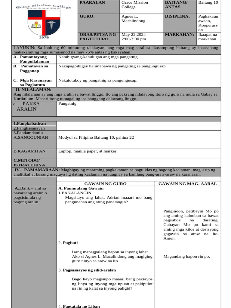 Filipino LP Agnes | PDF