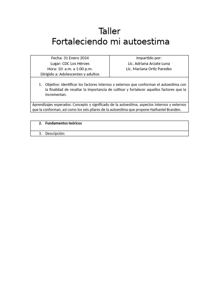 Taller Autoestima Pdf
