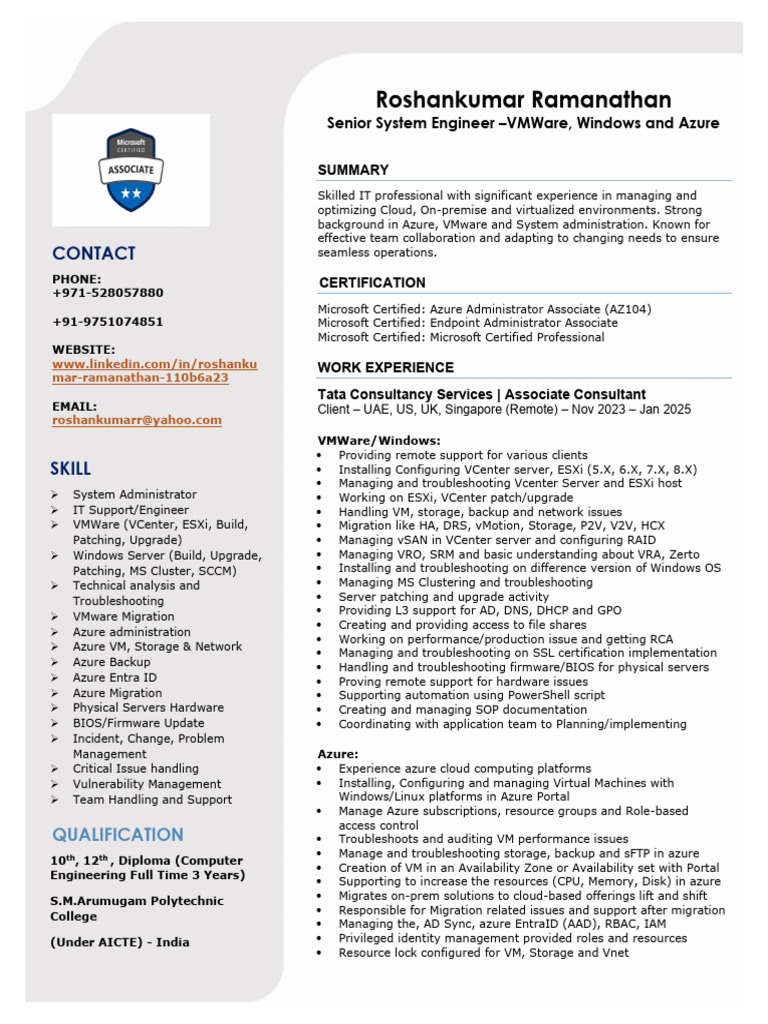 Roshankumarr Cloud VMWare Windows CV | PDF | Virtual Machine | Microsoft Azure
