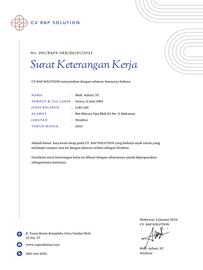 Surat Keterangan Kerja Direktur RAP Solution | PDF