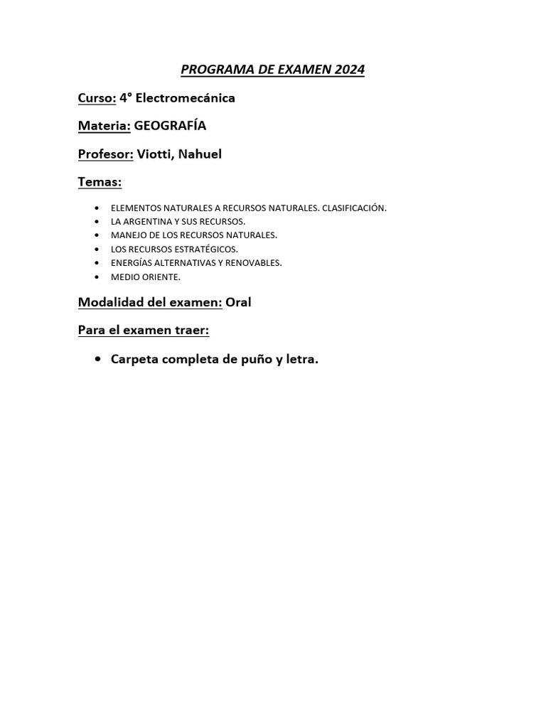 PROGRAMA DE EXAMEN 2024 - 4° Electromecánica | PDF