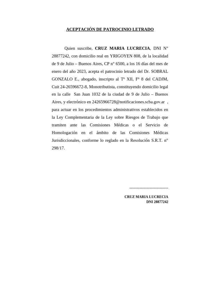 Aceptación de Patrocinio Letrado | PDF