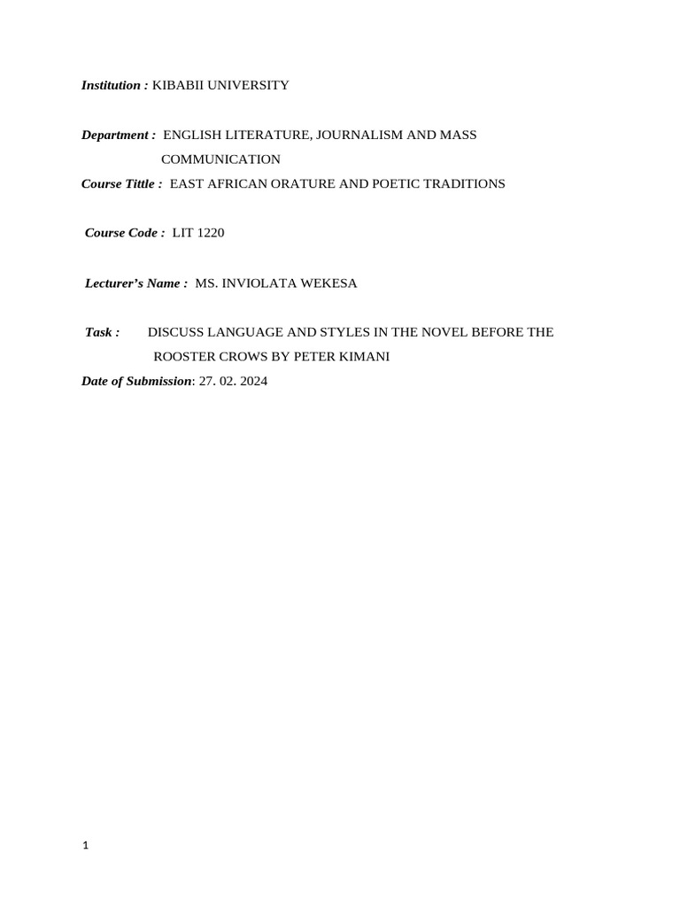 (Lit 122) Language & Styles Before The Rooster Crows | PDF