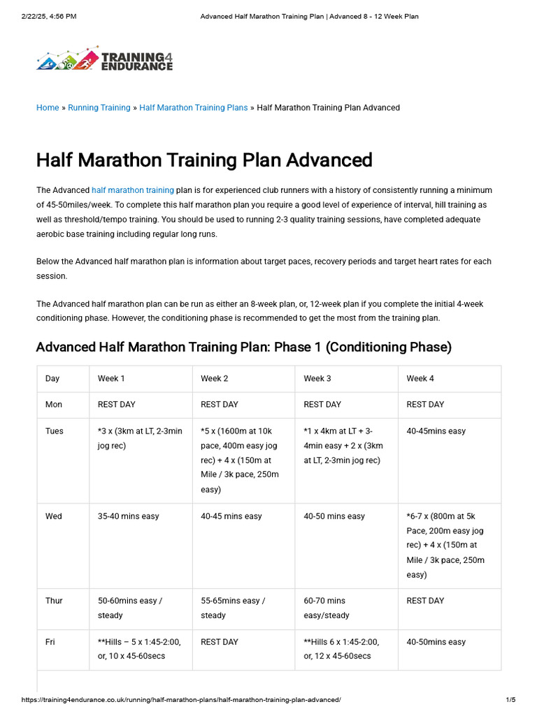 Advanced Half Marathon Training Plan - Advanced 8 - 12 Week Plan | PDF ...