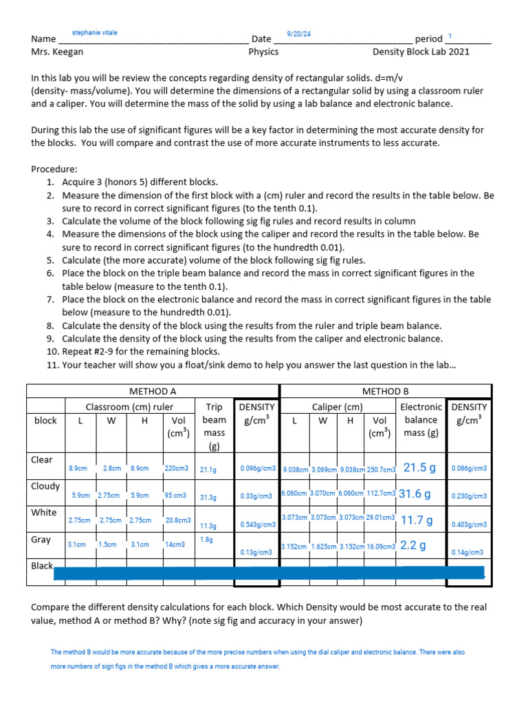 Kami Export - Stephanie Vitale - Density Block Lab 2021 | PDF | Significant Figures | Density