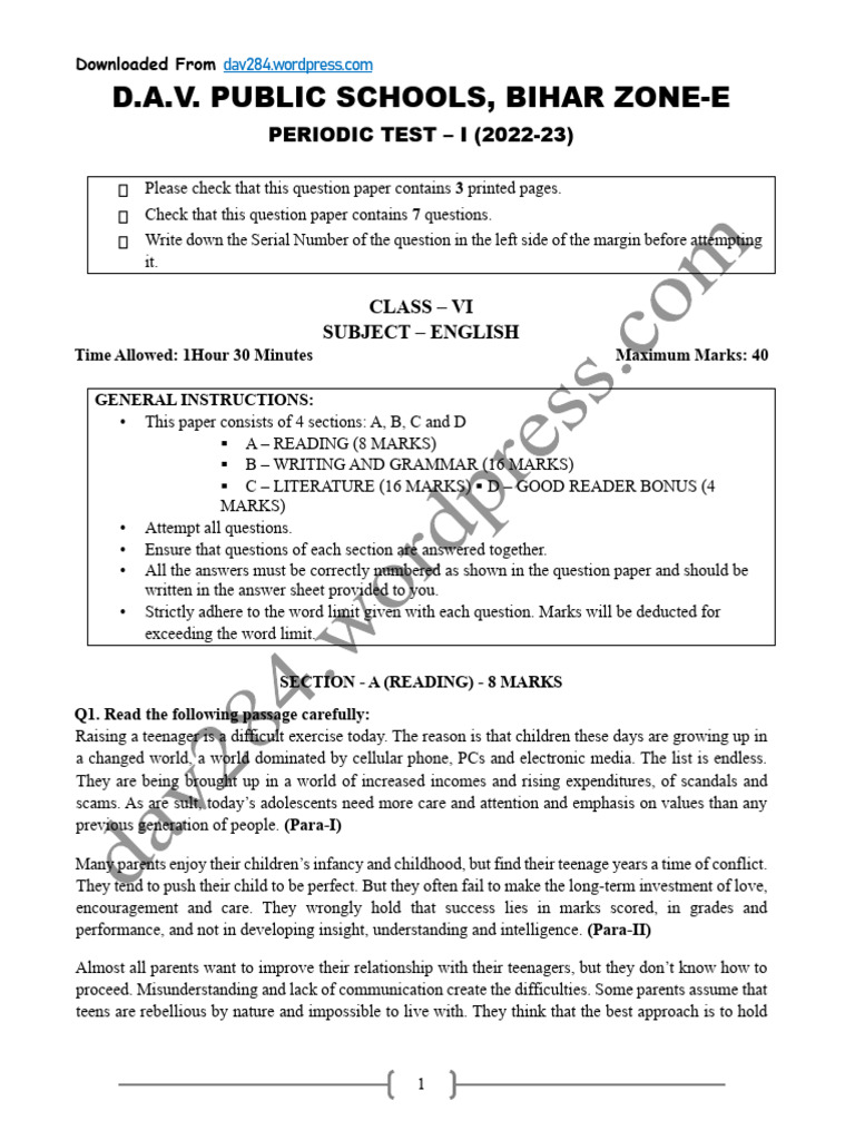 Class 6 English Periodic Test 1 Paper | PDF | Adolescence | Behavioural ...