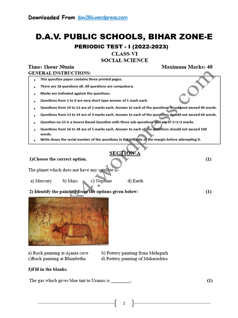 Class 6 SST Periodic Test 1 2022-23 Paper | PDF