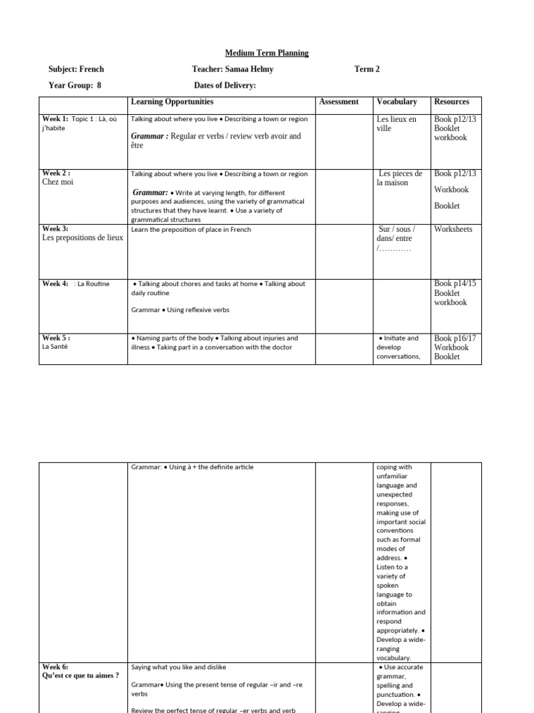 Meduim Term Plan Year 8 Term 2 | PDF | Language Families | Grammar