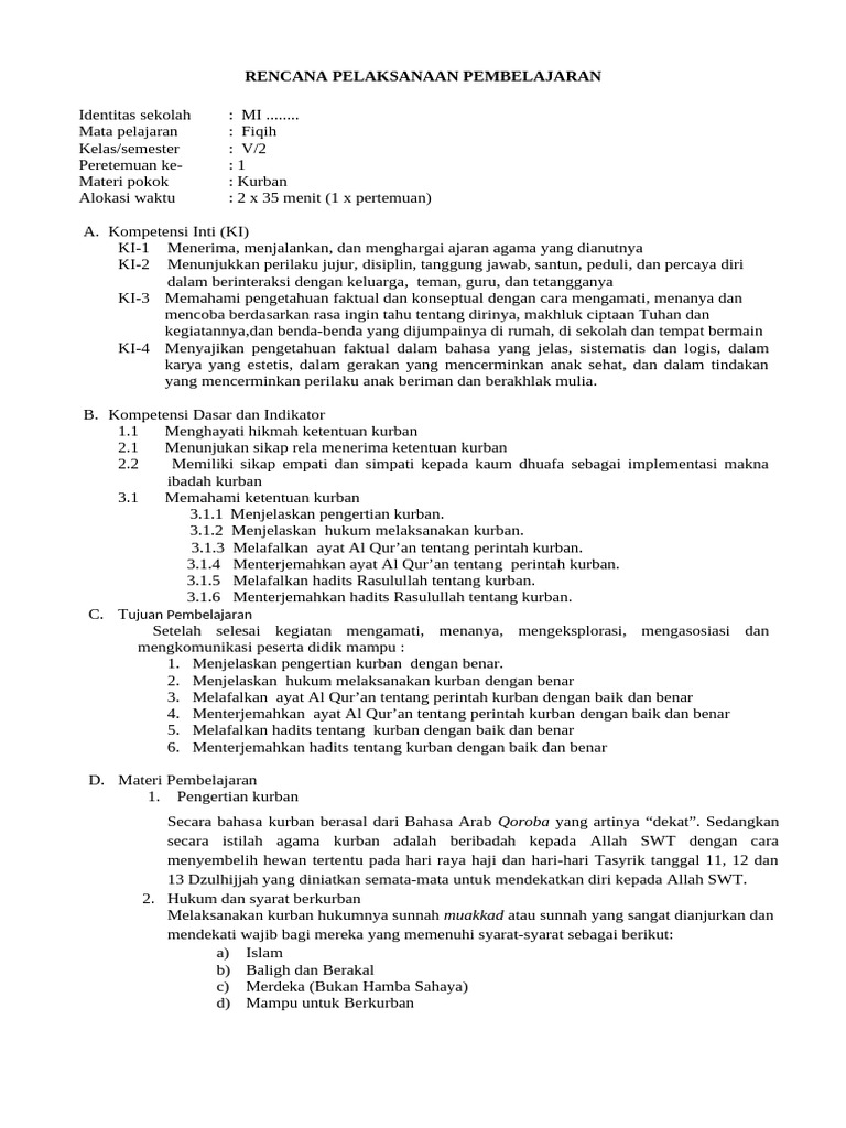 RPP K13 Fiqih Kelas-5 Semester 2 Kurban | PDF