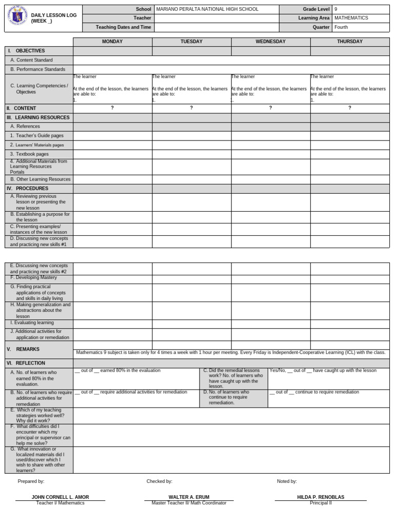 Grade 9 Math Daily Lesson Log | PDF | Learning | Mathematics