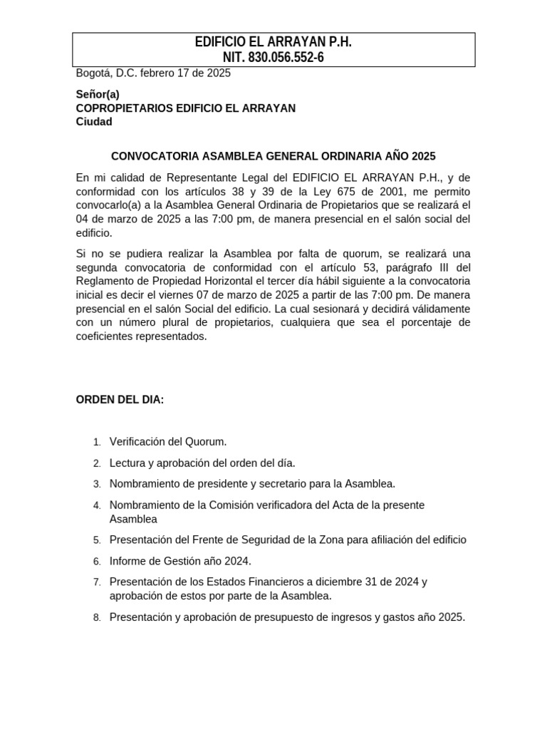 Invitacion Asamblea General Ordinaria 2025 Arrayan | PDF