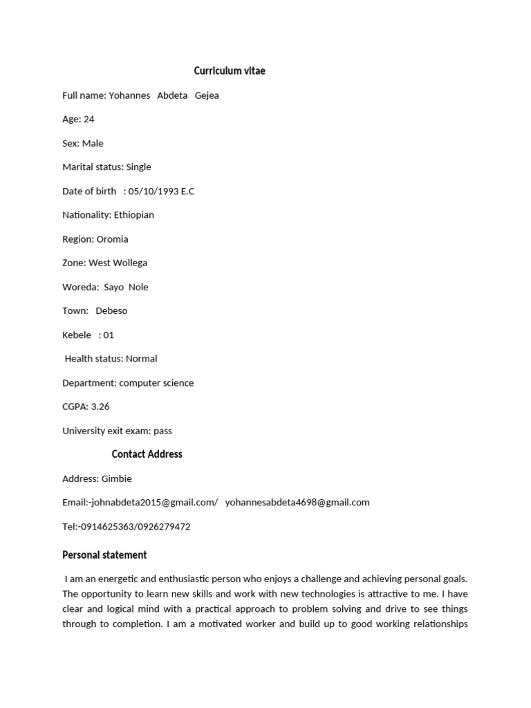 Curriculum Vitae of Yohannes Abdeta | PDF