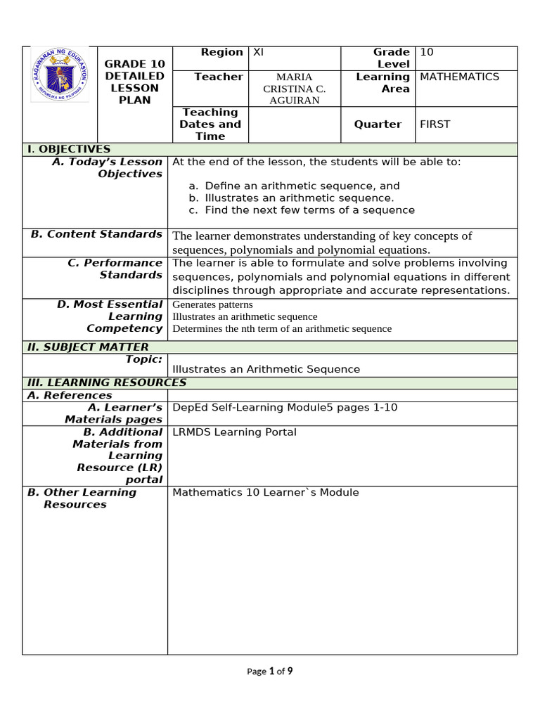 DLL Detailed Lesson Plan MATHEMATICS 10 Tina | PDF | Learning | Teachers