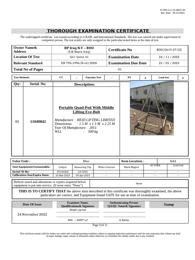 Thorough Examination Certificate for Equipment | PDF